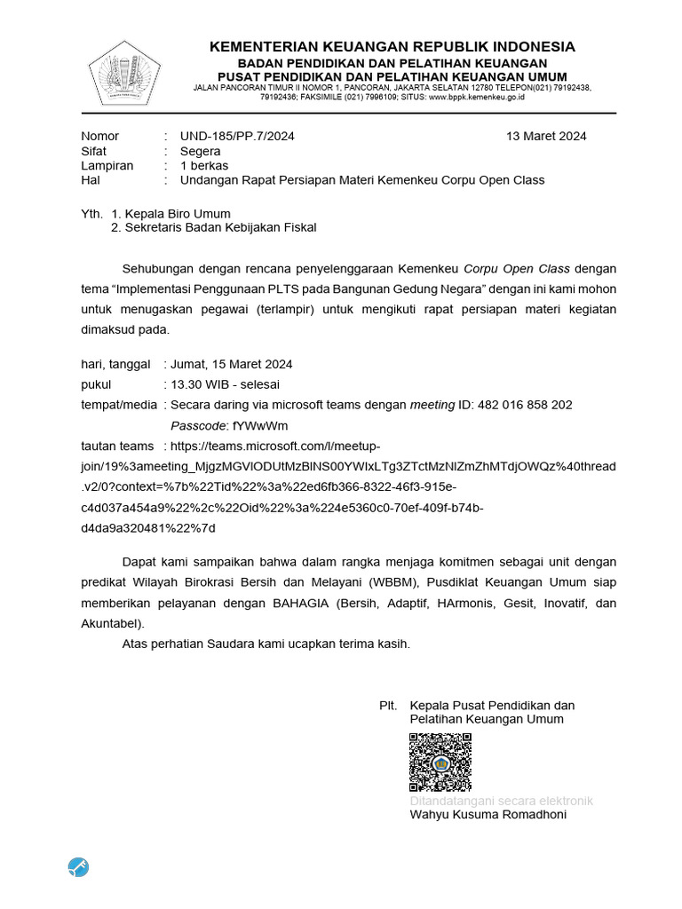 Undangan Rapat Kemenkeu Corpu Open Class | PDF