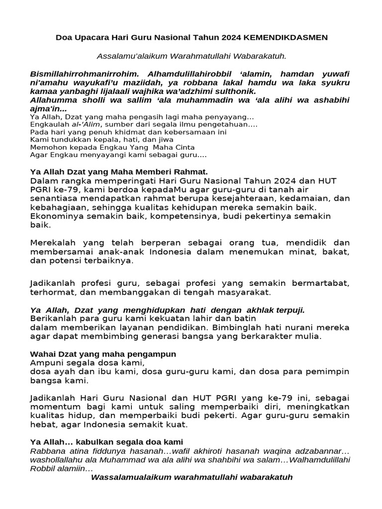 Doa Upacara Hari Guru Nasional 2024 | PDF