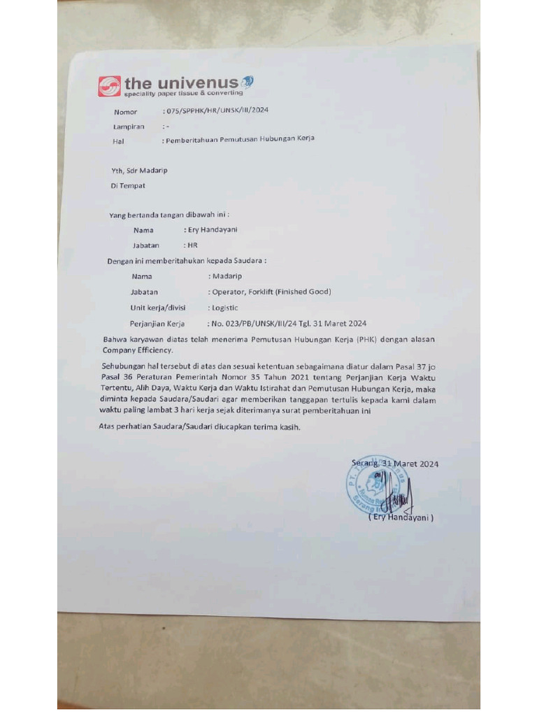 Surat PHK Perusahaan | PDF