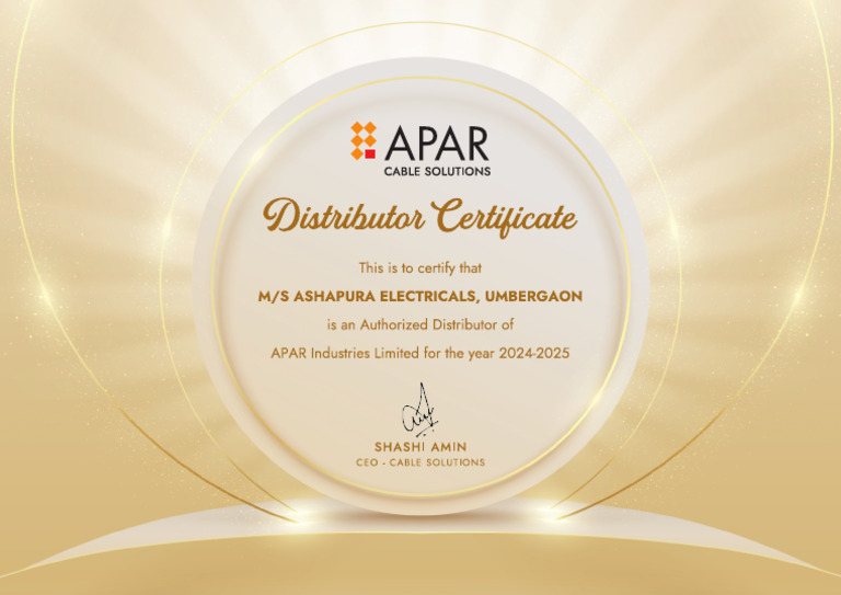 APAR Distributor Certificate Ashapura Electricals | PDF