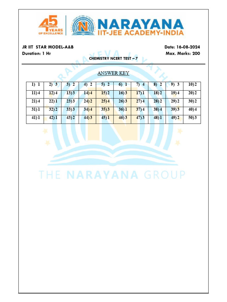 16-08-2024 JR Iit Star Model (A&b) Chemistry Ncert Test-7 Key | PDF