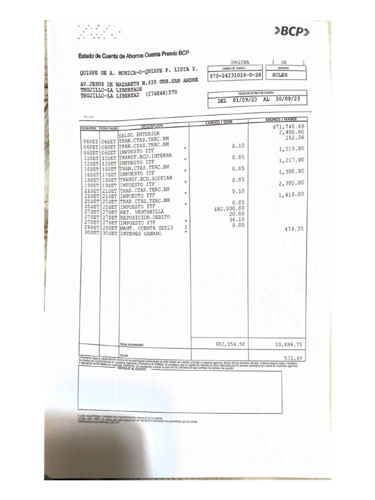 Estado de Cuenta de Ahorros Cuenta Premio BCP | PDF
