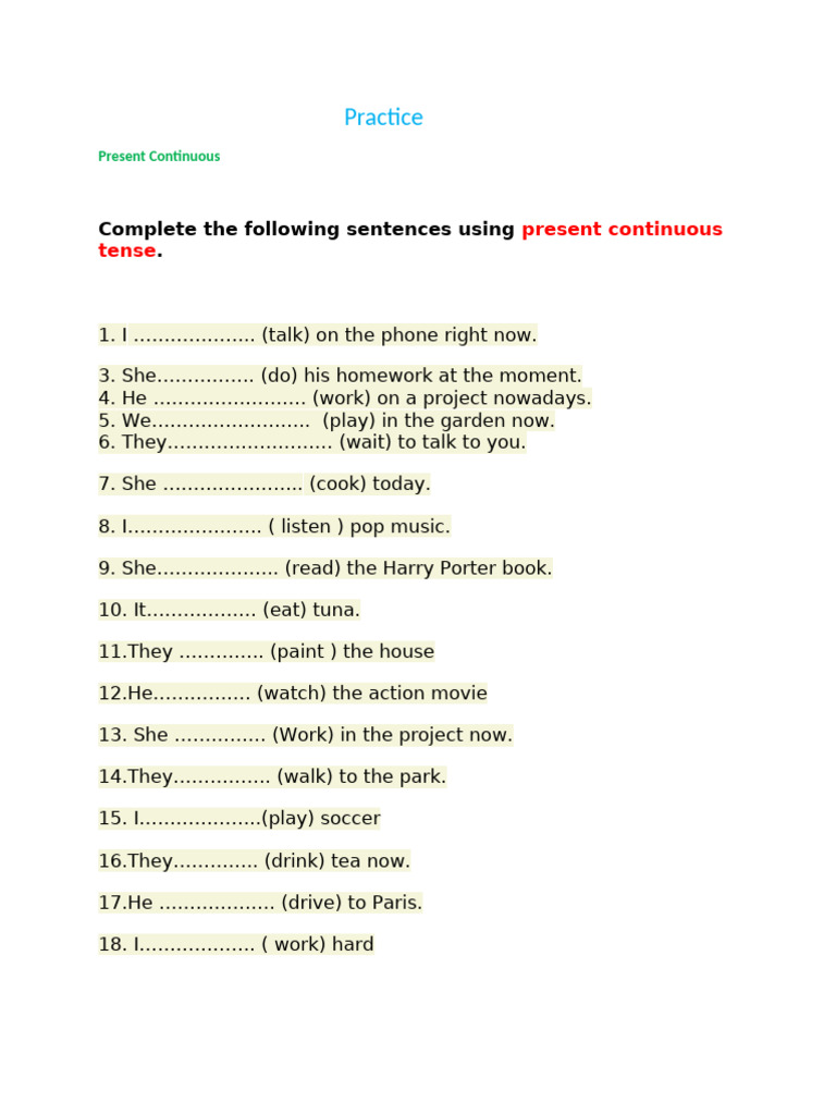 Present Continous Practice 2 | PDF