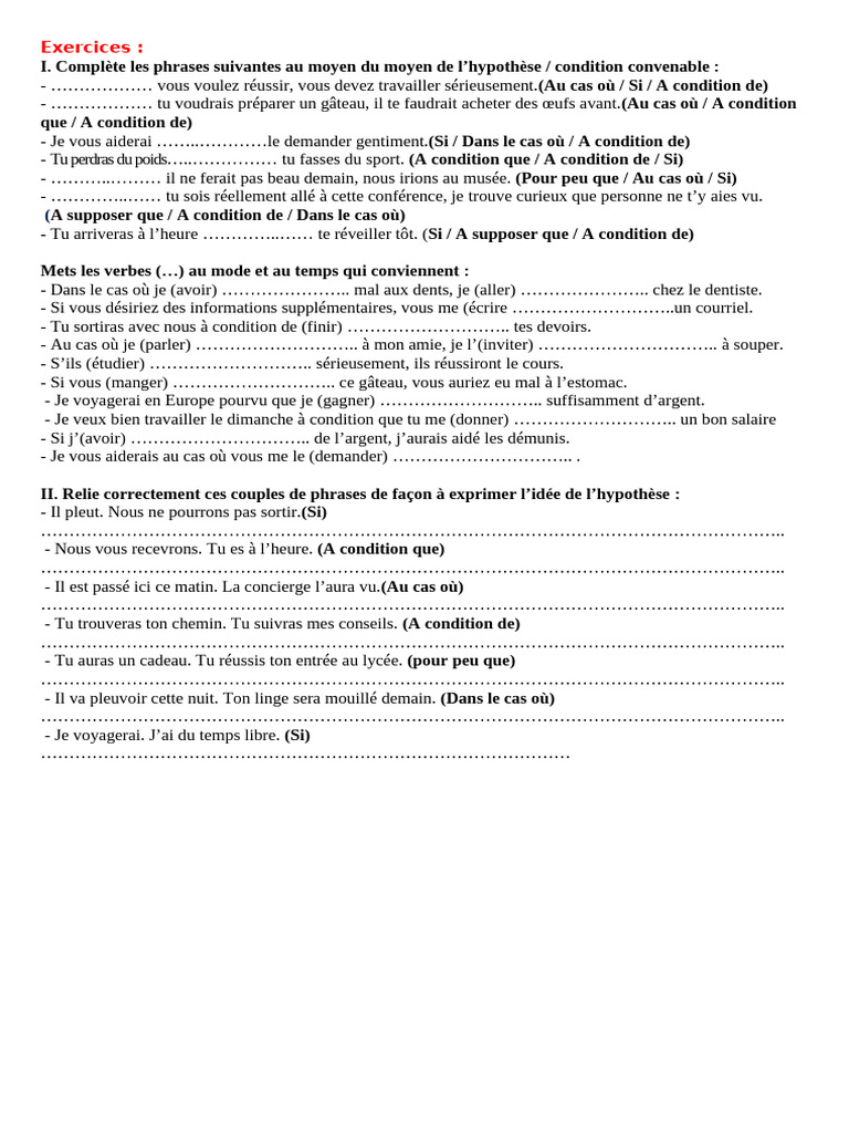 Exercices sur l'hypothèse et la condition | PDF
