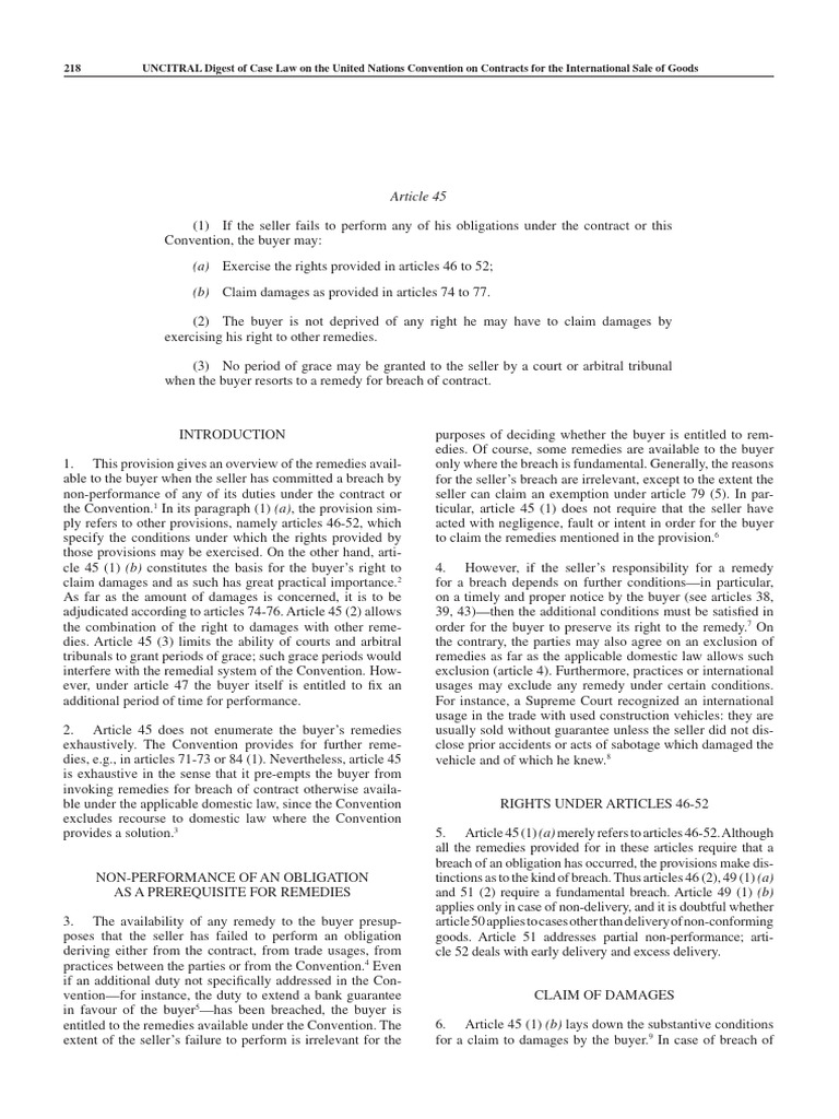2016 UNCITRAL CISG Digest Article 45 | PDF | Breach Of Contract | Legal Remedy