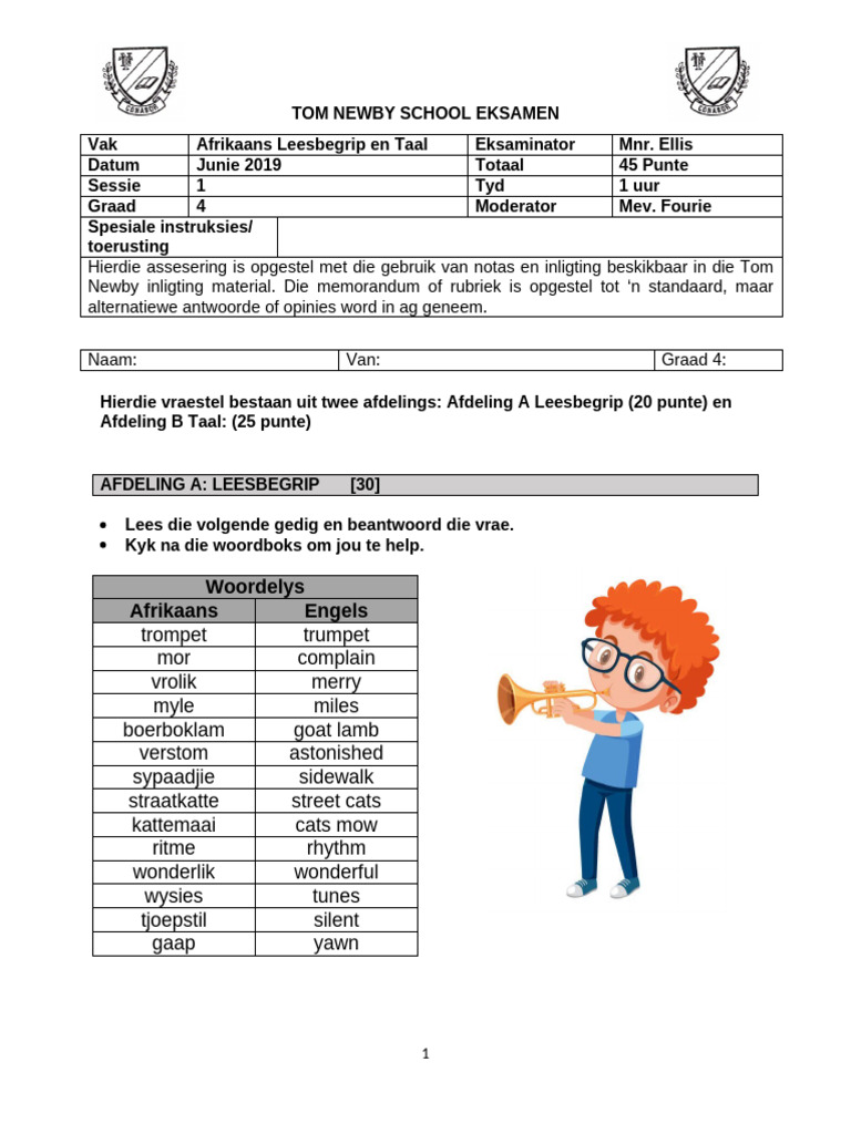 Grade 4 Afrikaans Exam June 2019 GDE Approved | PDF