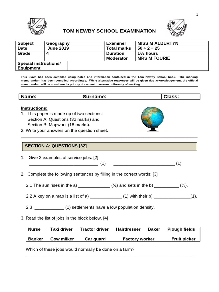 Grade 4 Geography Exam June 2019 GDE Approved | PDF