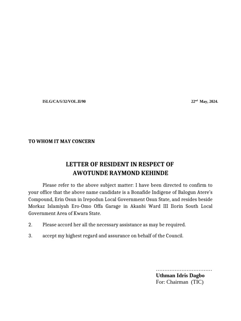 Dagbo Letter of Resident in Respect of | PDF