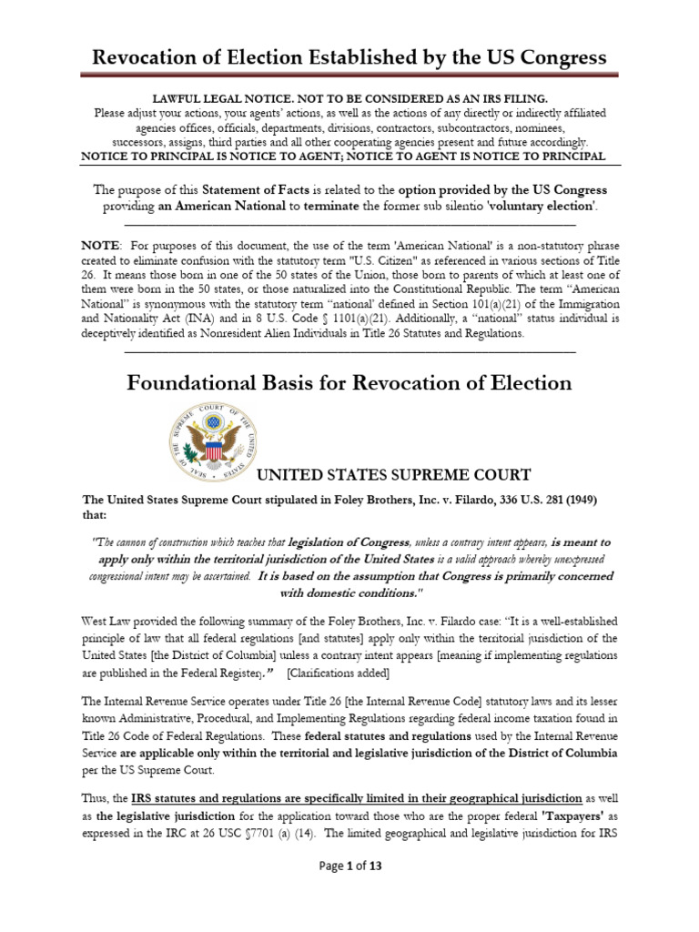Foundational Basis For Revocation of Election | PDF | Internal Revenue ...