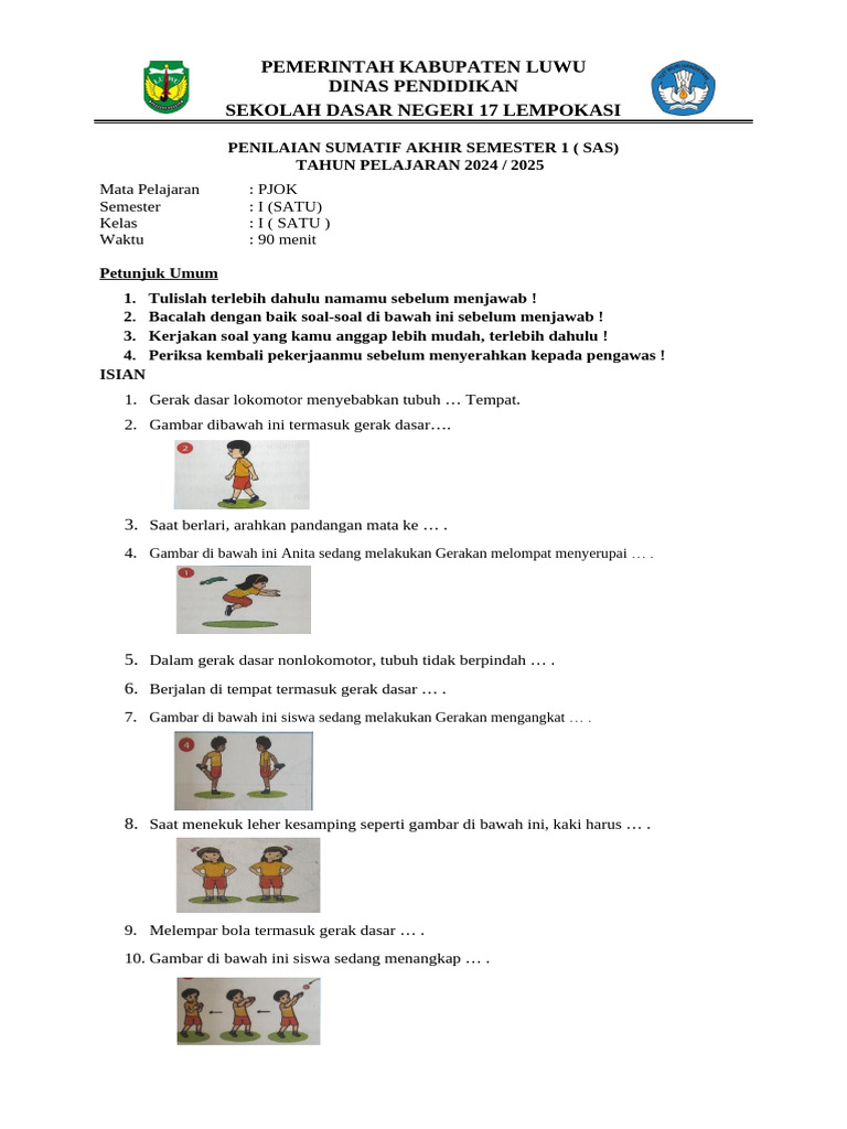 Soal SUMATIF AKHIR SEMESTER 1 KELAS 1 2024 | PDF