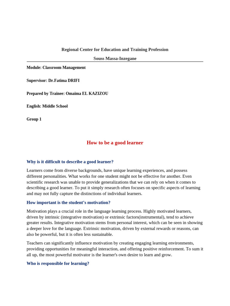 How To Be A Good Learner | PDF | Learning | Motivational