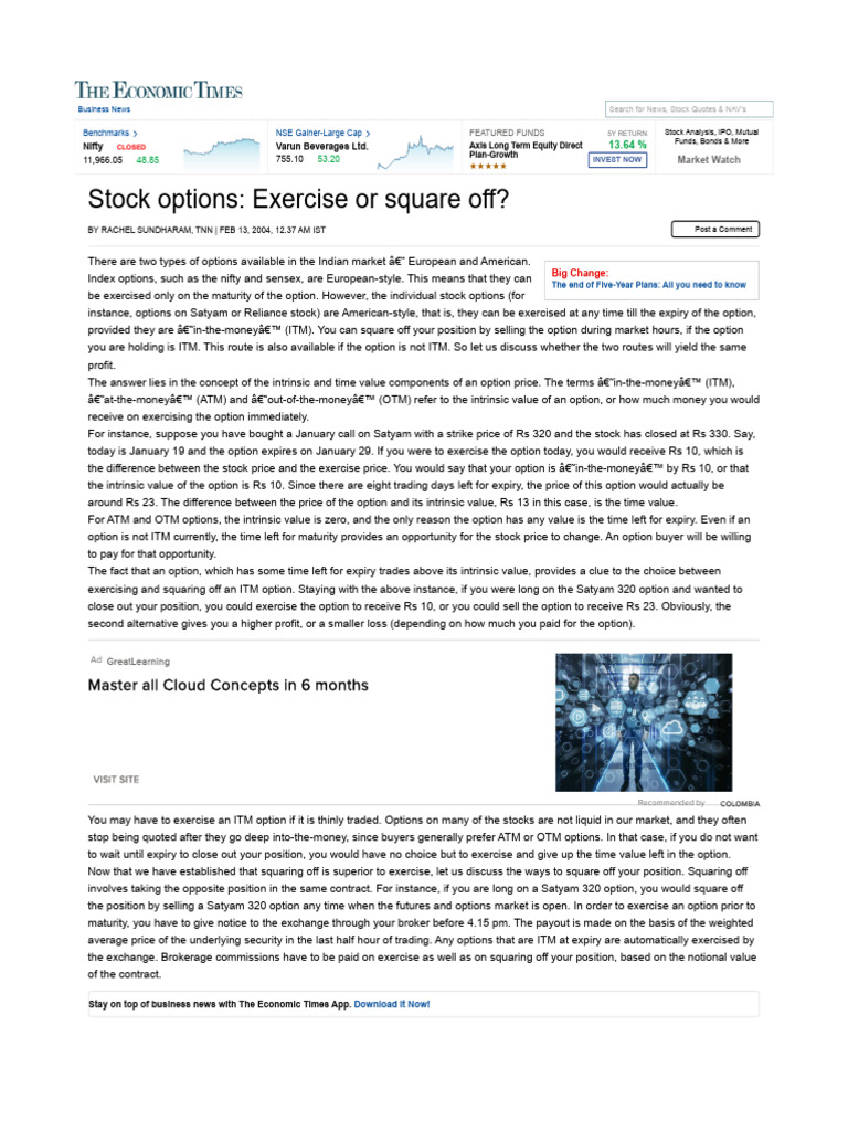 Exercise or Square Off | PDF | Option (Finance) | Stocks