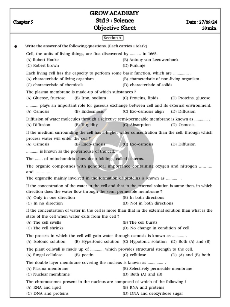 ObjectiveSheet_D27-Sep-2024-1 | PDF | Cell (Biology) | Endoplasmic ...