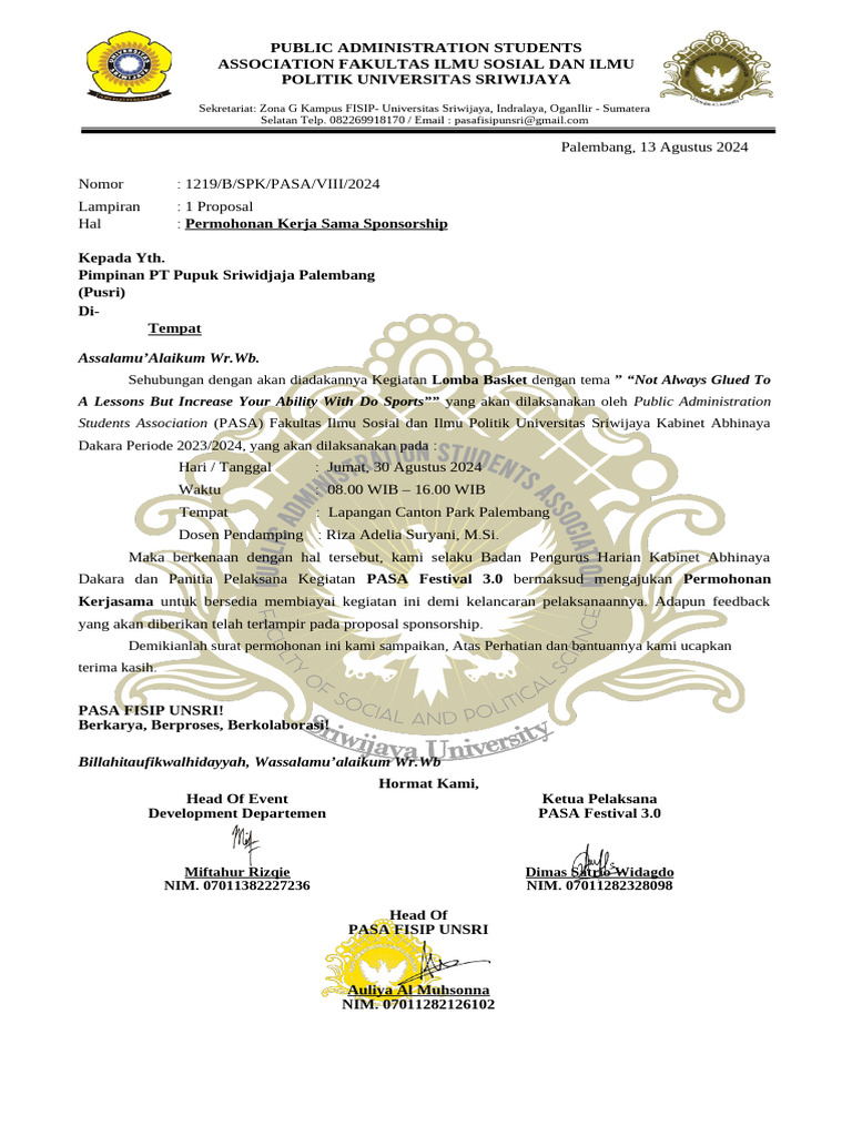 1219_SURAT PERMOHONAN KERJASAMA_PUSRI | PDF