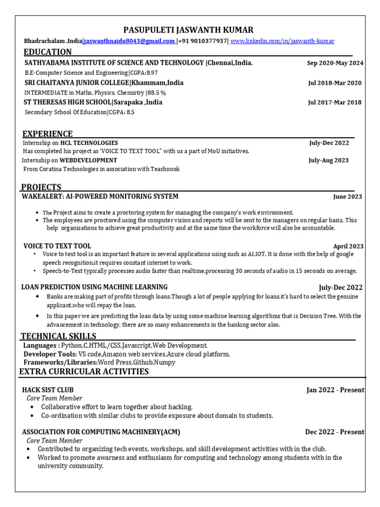 Pasupuleti Jaswanth Kumar's CV (1) (1) | PDF | Web Development | Computing