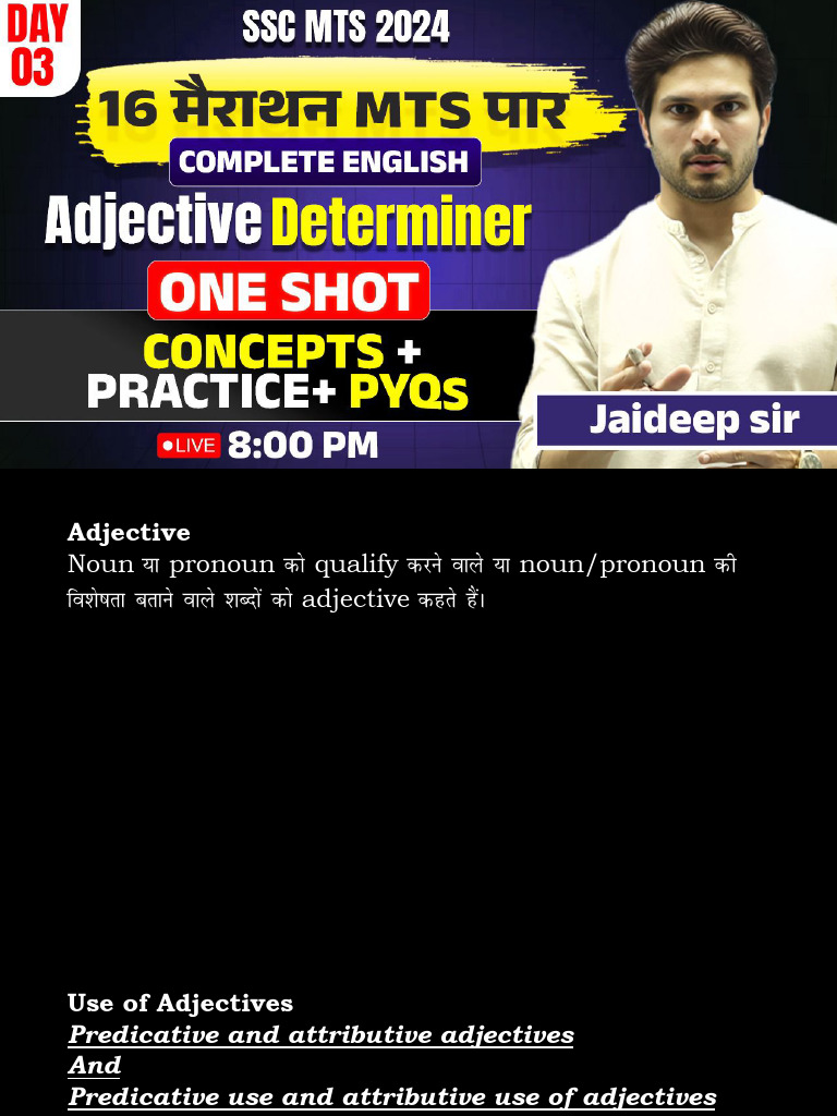 Adjective & Determiners (One Shot) by Jaideep Sir | PDF | Adjective | Noun