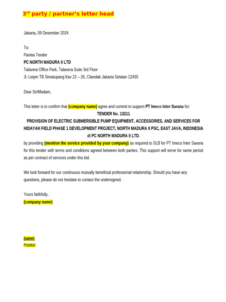 3rd Party Support Letter To IMECO | PDF