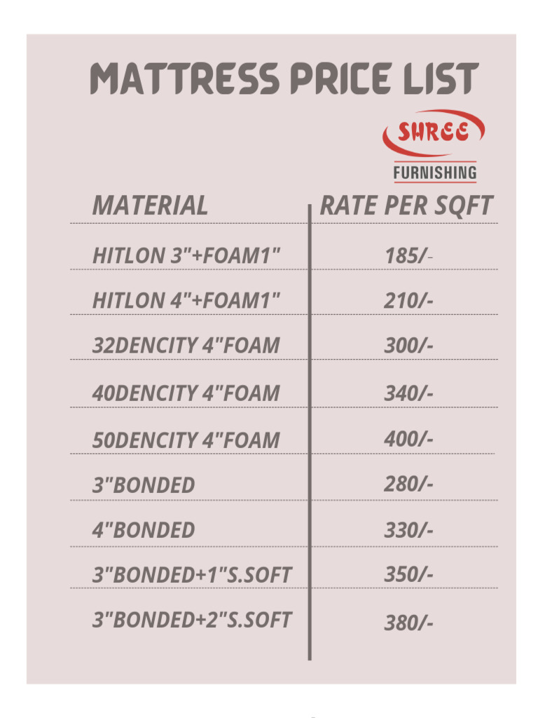 Mattress Price List and Foam Rates | PDF