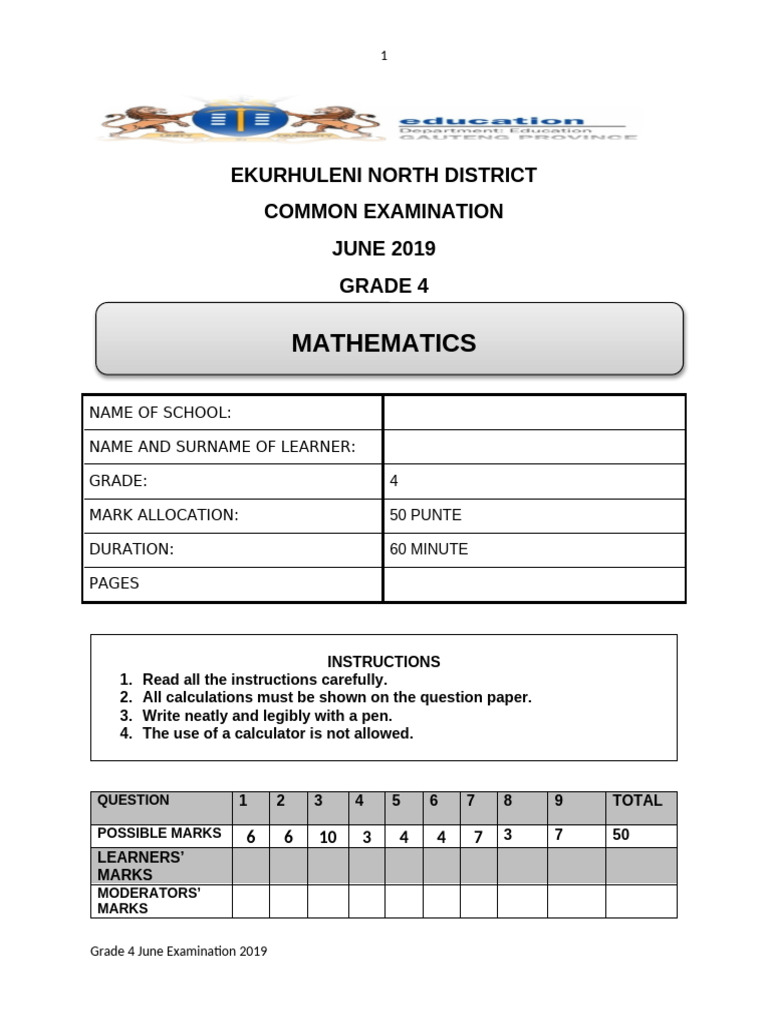 Grade 4 June Mathemaics Exam 2019 | PDF | Mathematics