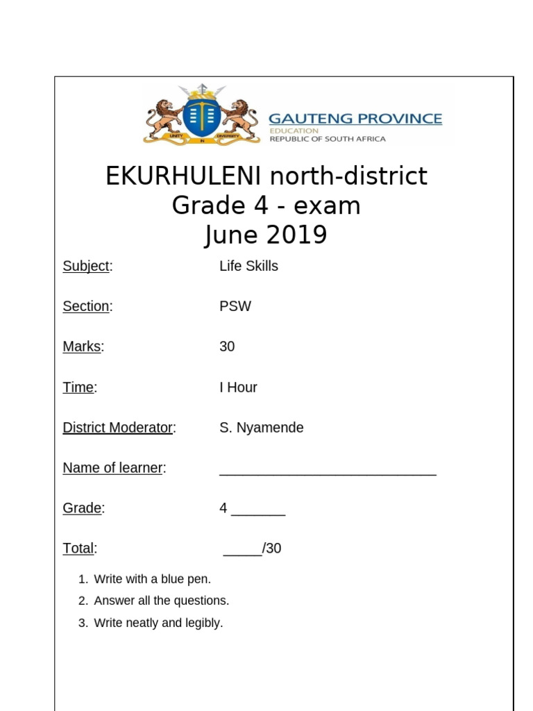 Grade 4 PSW Exam English | PDF