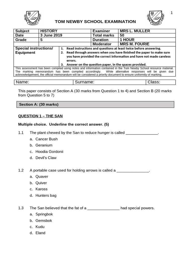 Grade 5 History Exam June 2019 GDE Approved | PDF