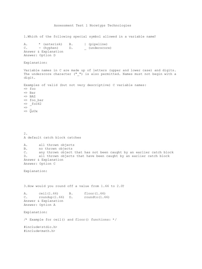 First Assessment Test Questions With Answers | PDF | C (Programming ...