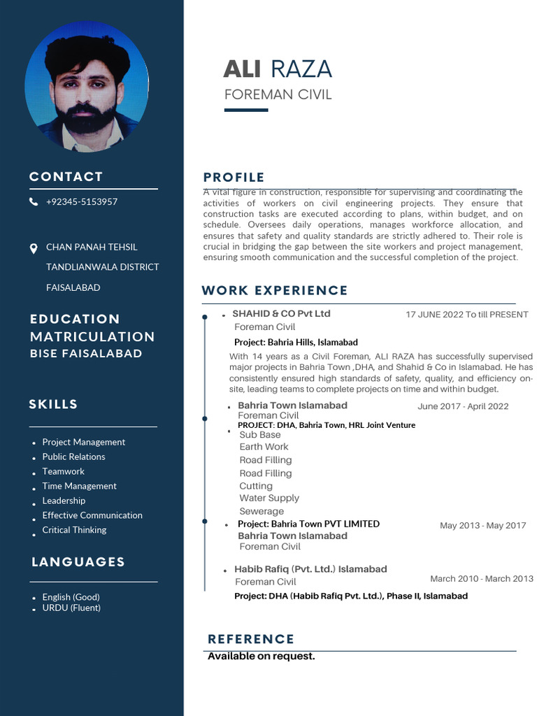 Civil Foreman Resume: Ali Raza's Experience | PDF | Engineering | Business