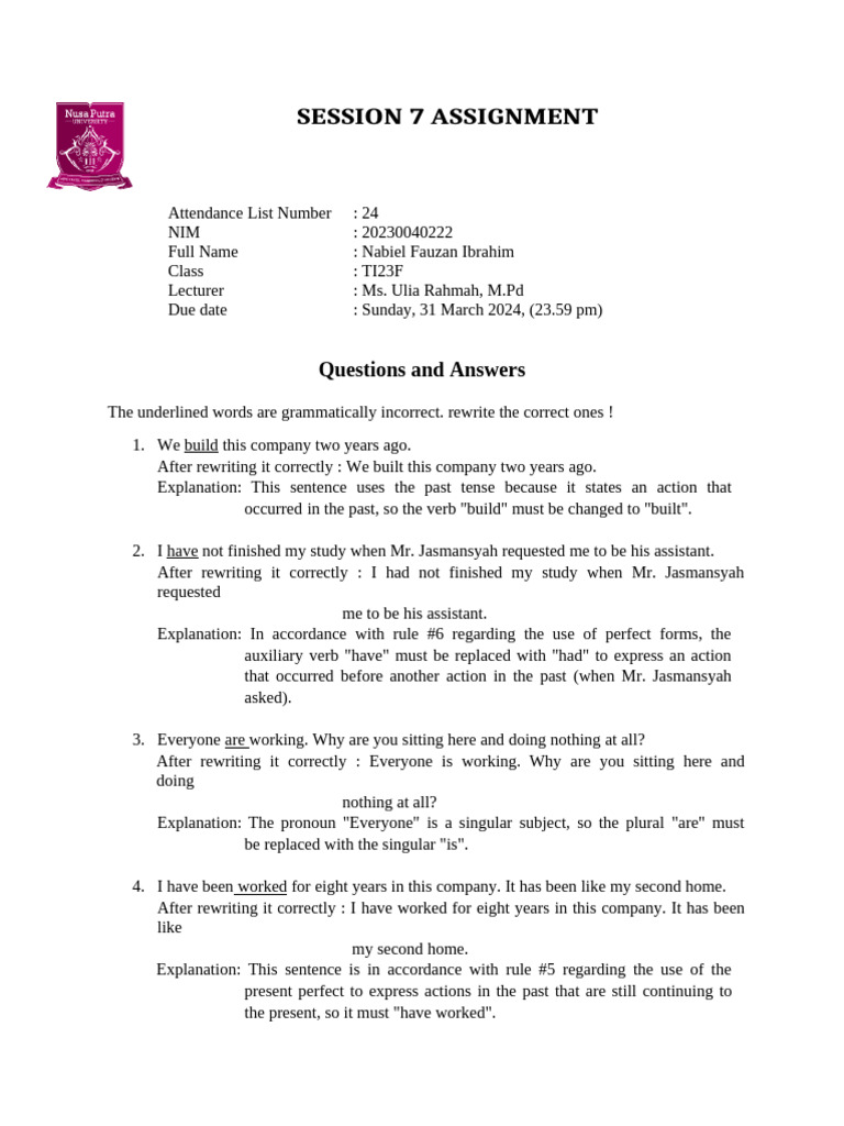 24. Nabiel fauzan Ibrahim ( 20230040222 ) - ASSIGNMENT 7 | PDF | Verb | Grammatical Number