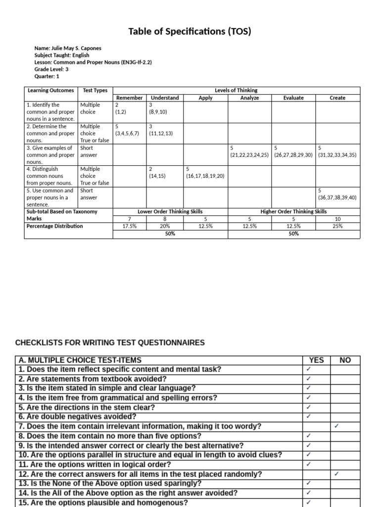 TOS english common and proper noun (2) | PDF | Multiple Choice | Question