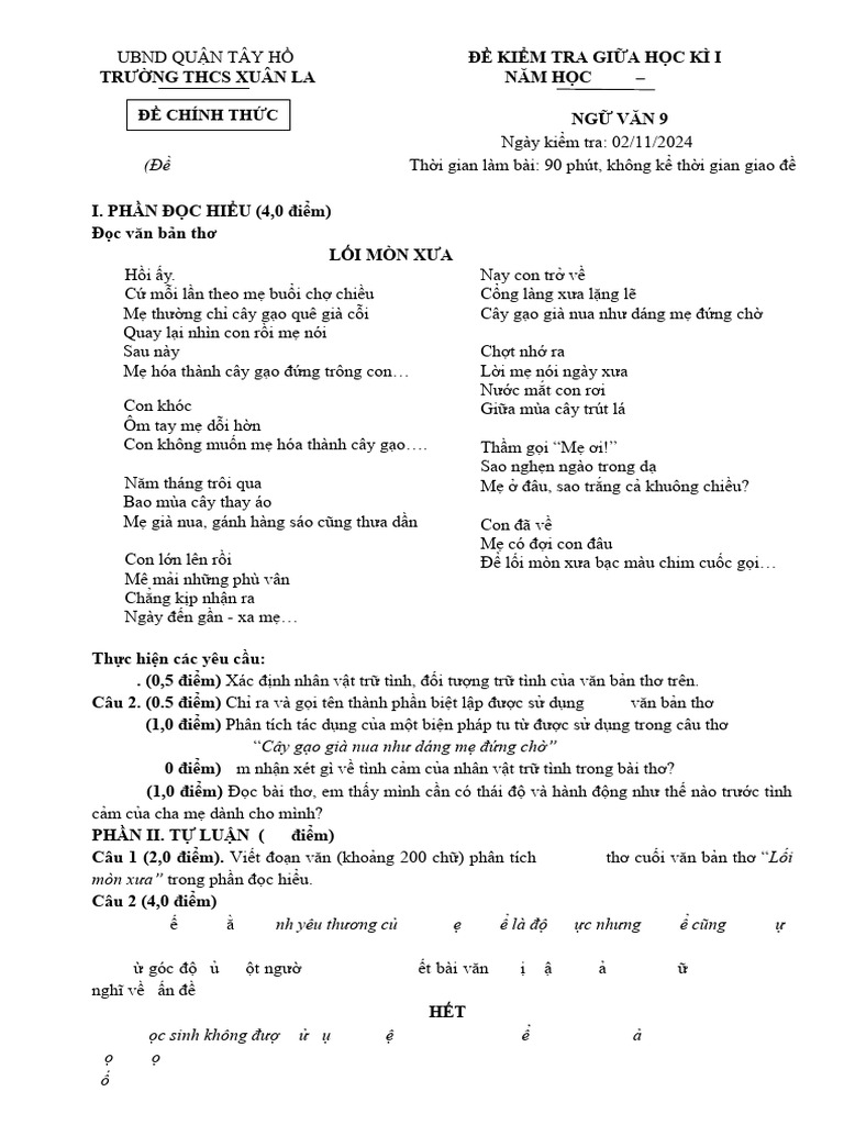 De Kiem Tra Giua Hoc Ki 1 Ngu Van 9 Nam 2024 2025 Thcs Xuan La Ha Noi | PDF