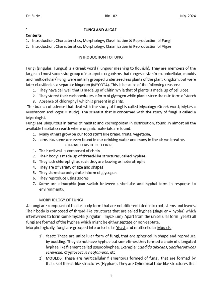 Introduction to Biology (BIO 102) II. 2024 | PDF | Fungus | Algae