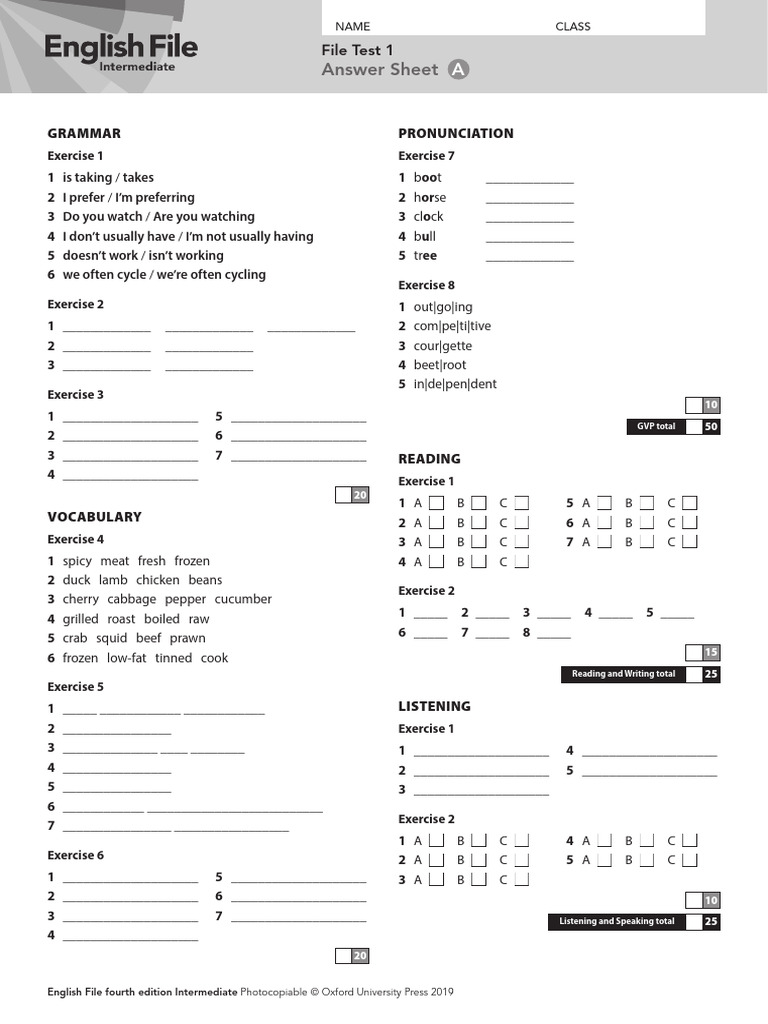 EF4e Int Filetest 1A Answersheet | PDF | Western Cuisine | Asian Cuisine