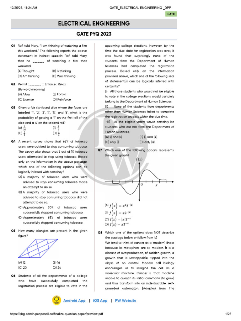 GATE PYQ 2023 EE QA | PDF