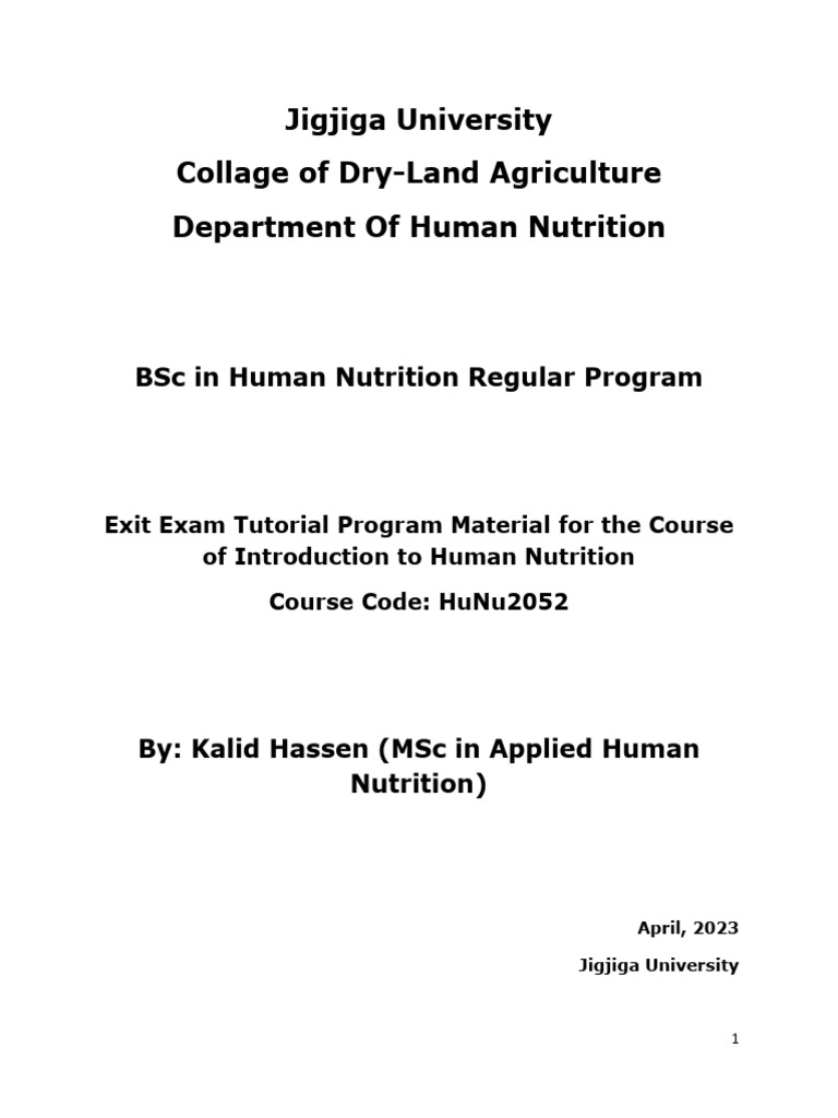 Introduction To Human Nutrition Course Material For Tutorial Class ...
