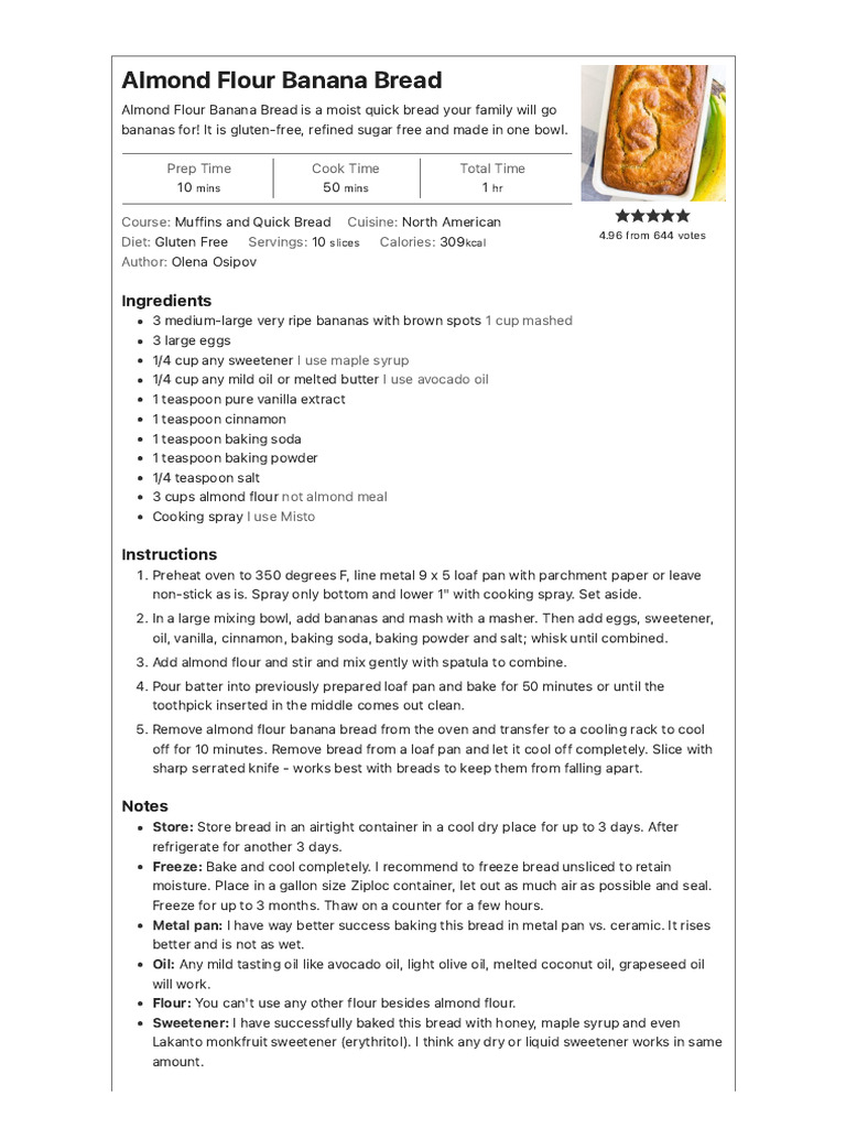 Almond Flour Banana Bread - IfoodReal.com | PDF | Breads | Flour