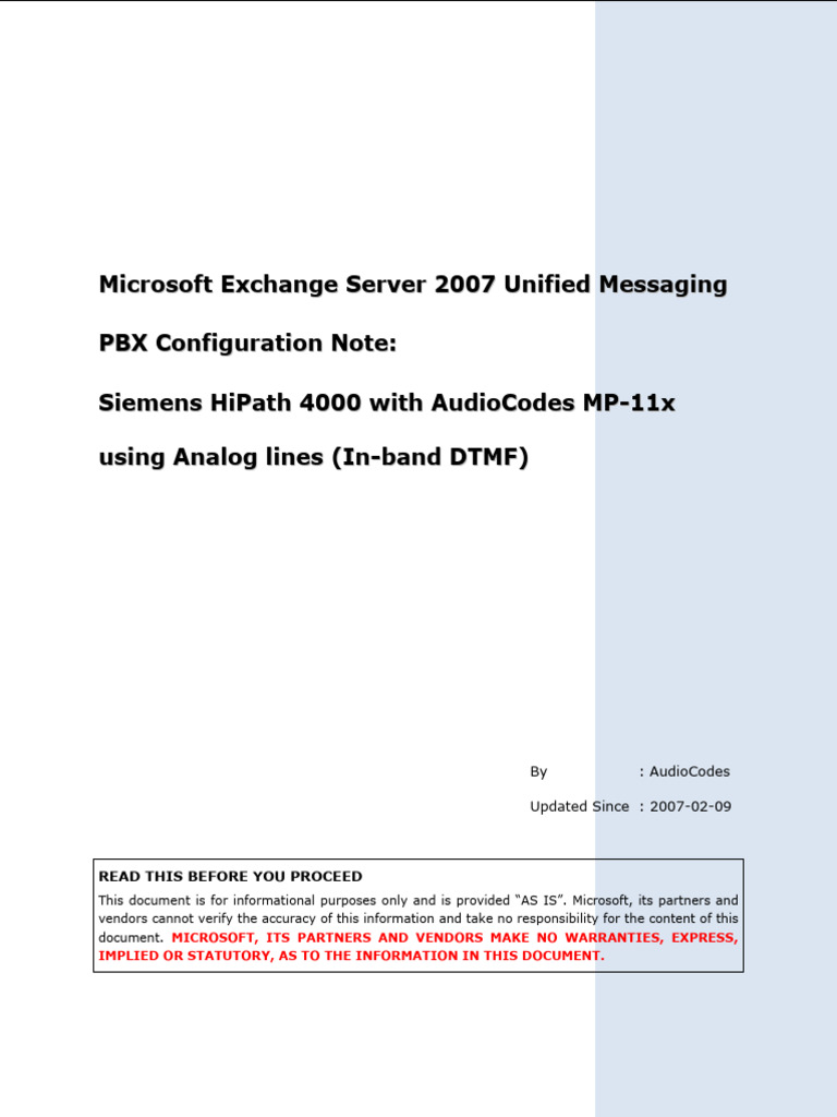 Siemens HiPath 4000 With AudioCodes MP-11x Using Analog Lines (In-Band DTMF) | PDF | Session ...