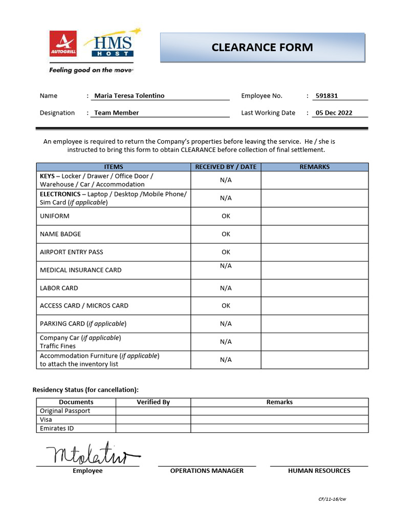 Employee Clearance Form for Departure | PDF