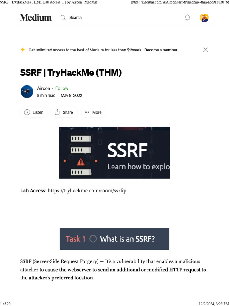SSRF _ TryHackMe (THM). Lab Access… _ by Aircon _ Medium | PDF | Web Server | Internet & Web