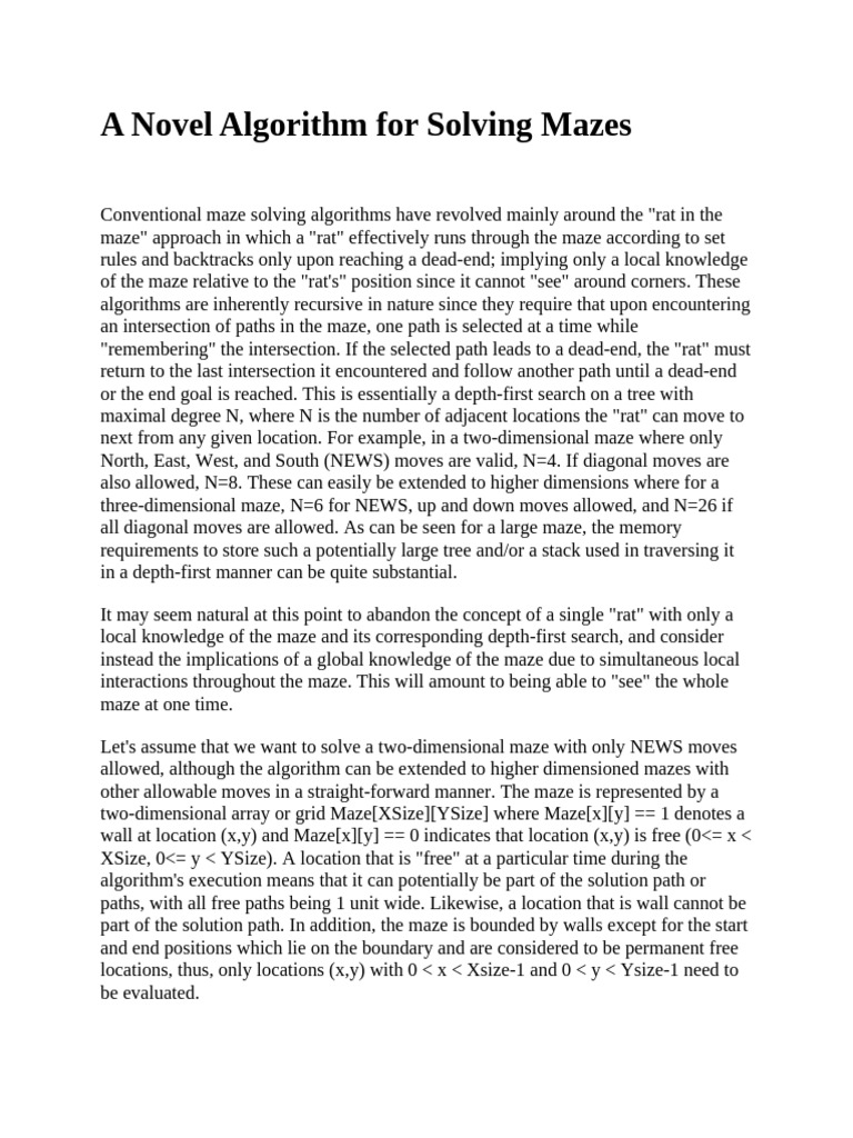 A Novel Algorithm for Solving Mazes | PDF | Maze | Computer Programming