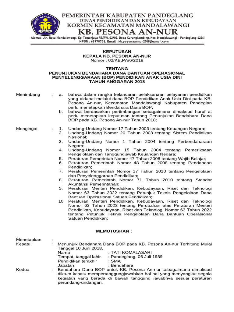 SK Bendahara BOSP PAUD 2024 (Panduanmengajar - Com) | PDF