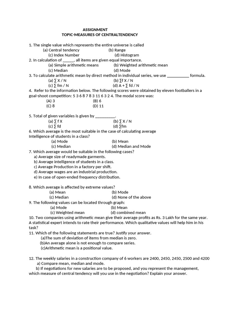 Assignment - 11 - Measures of Central Tendency | PDF | Arithmetic Mean ...