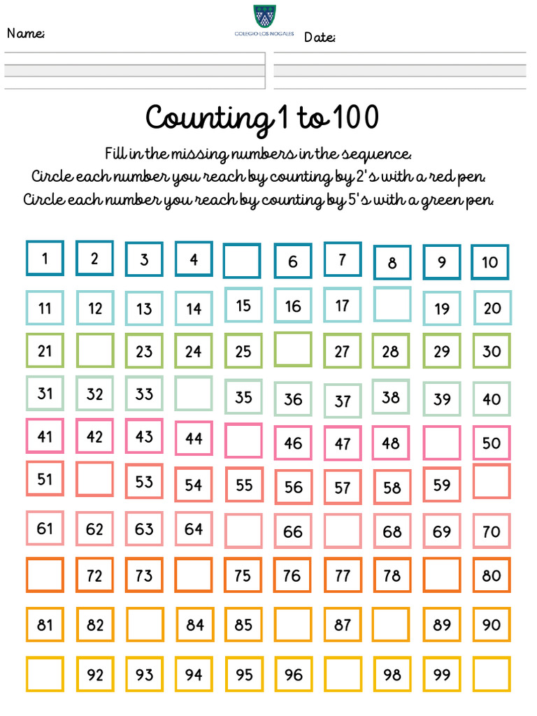 Counting to 100 Math Worksheet in Colorful box style (1) | PDF