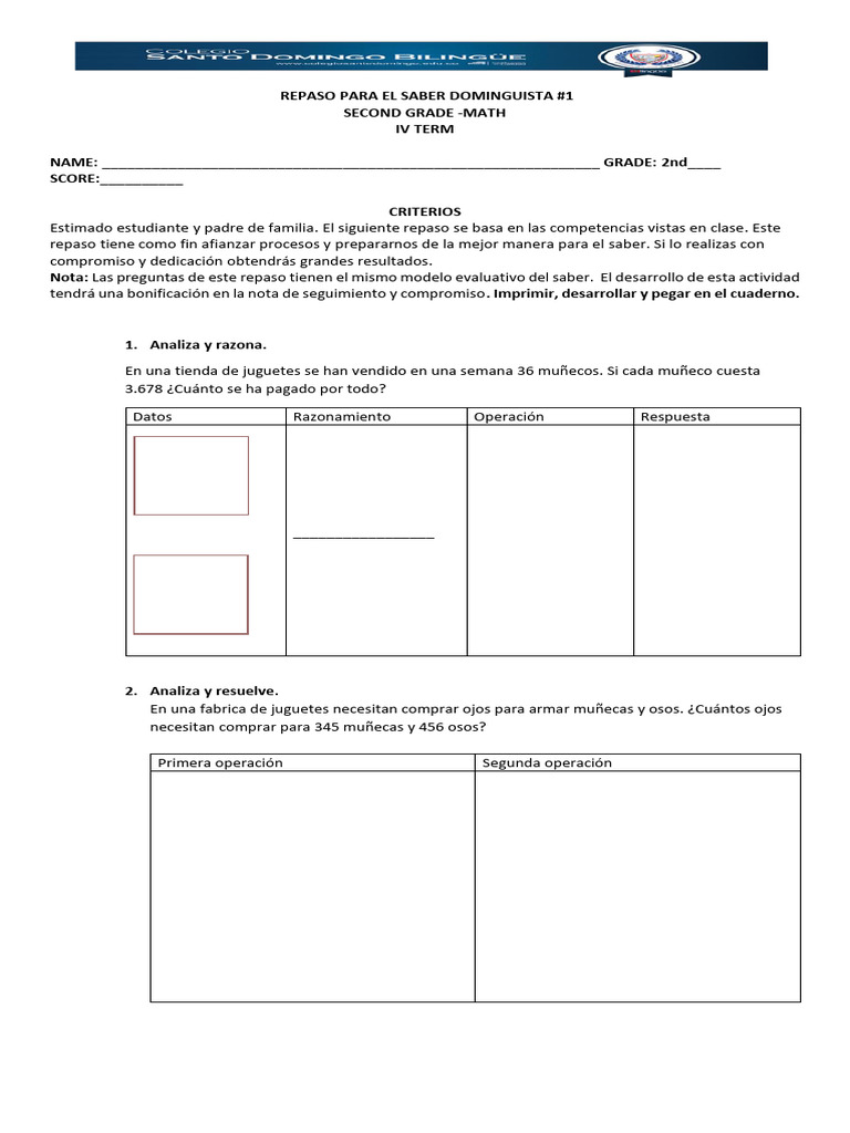 Repaso Saber 1 Iv Term Math Second | PDF