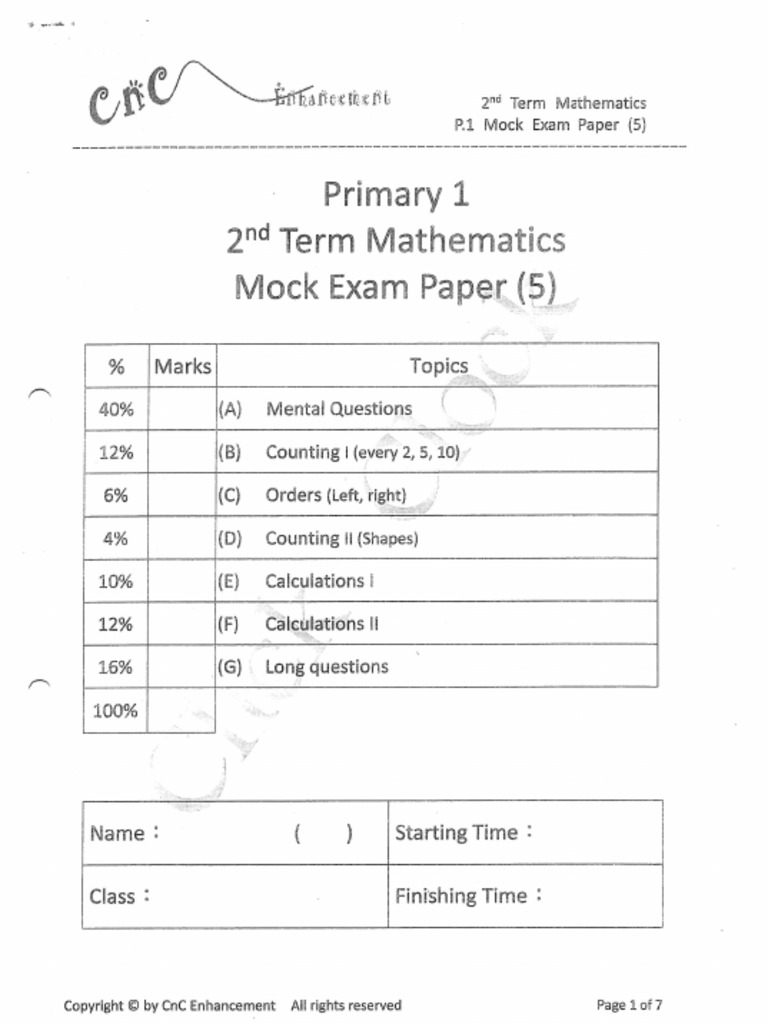 CNC Enhancement - P.1 - 2nd Term Maths Mock Exam Paper 5 | PDF