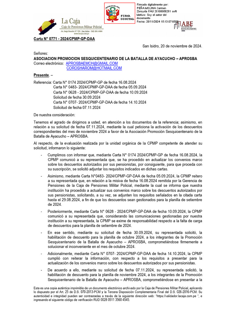 Carta #0771 - 2024CPMP-GP-DAA - CPMP COMUNICA NO PROCESAR DESCUENTOS PARA NOVIEMBRE 2024 | PDF
