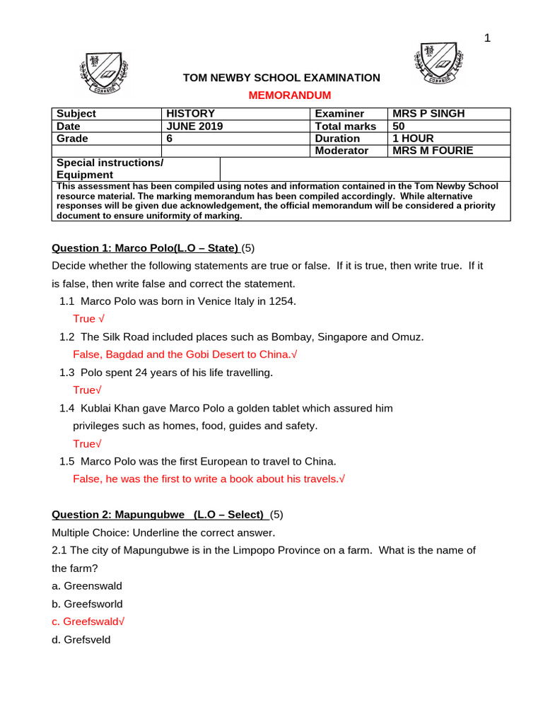 Grade 6 History Memo June 2019 GDE Approved | PDF | Marco Polo