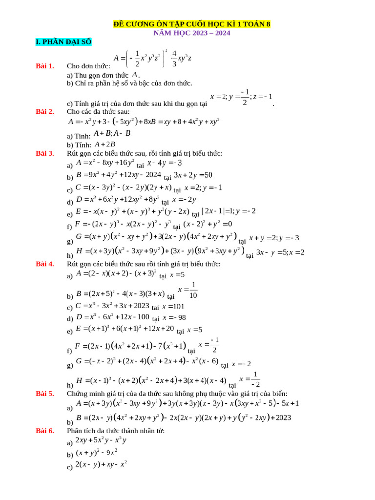 ĐỀ CƯƠNG TOÁN 8 HK1 | PDF