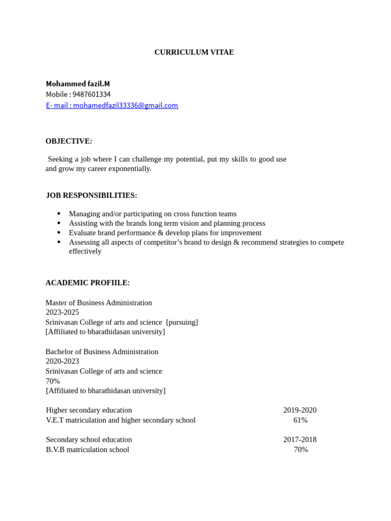 Mohammed Fazil's CV and Career Goals | PDF