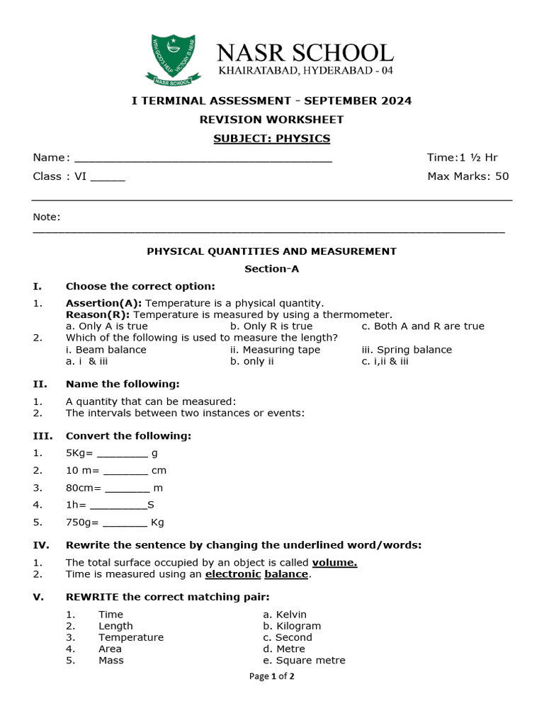 CLASS - VI - PHYSICS - TERM I - Physical Quantities and Measurement ...