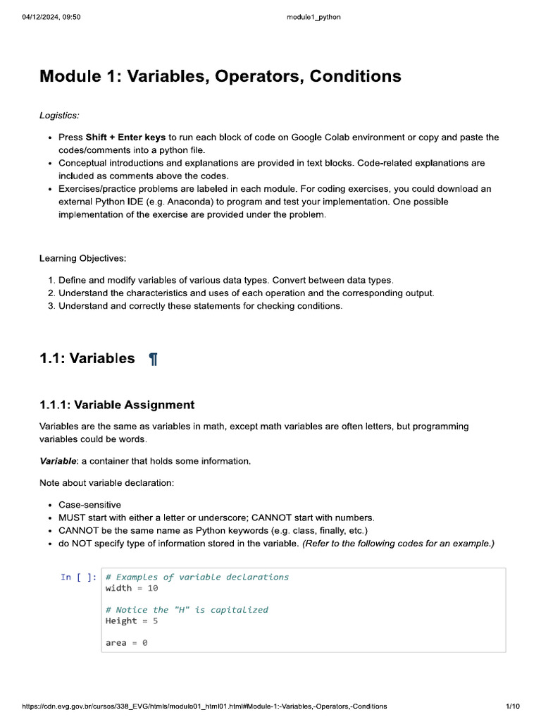 Module 1 - Variables, Operators, Conditions | PDF